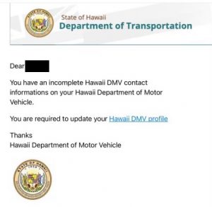 Administration | Alert of Hawaii DMV Profile phishing scam
